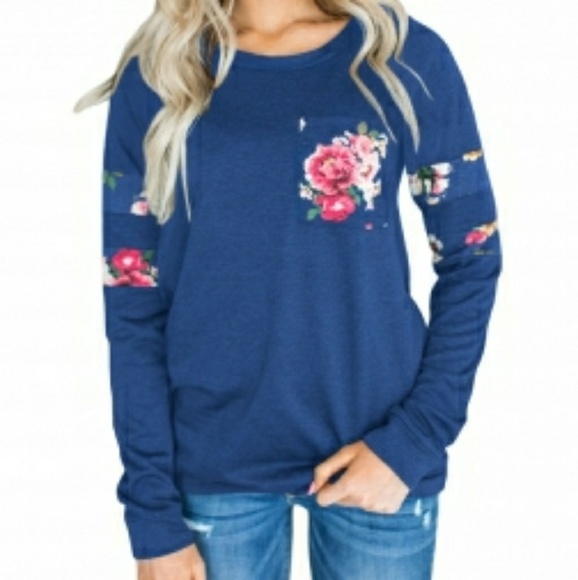 Tops | Dark Blue Long Sleeve Floral Sweater | Poshmark